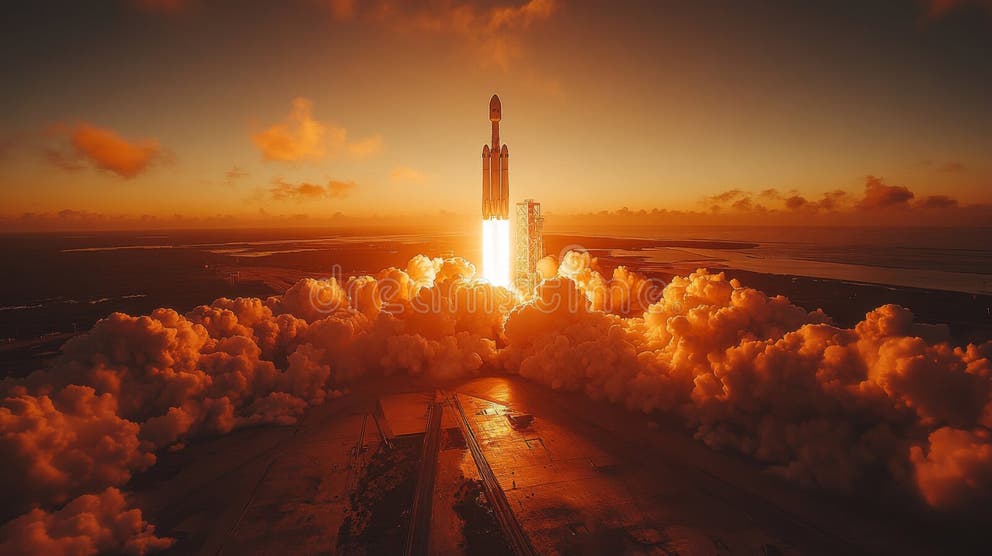 Rocket Launch during Sunset with Powerful Propulsion and Dramatic Smoke ...