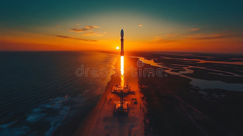 A Rocket Launch at Sunset, with the Sun Reflecting Off the Rocket S ...