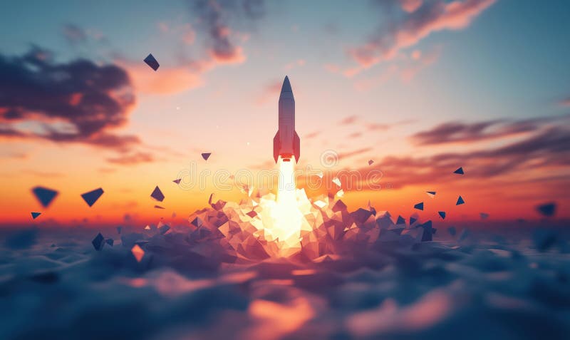 Rocket Launch at Sunset, Vibrant Colors, Dynamic Explosion of Geometric ...
