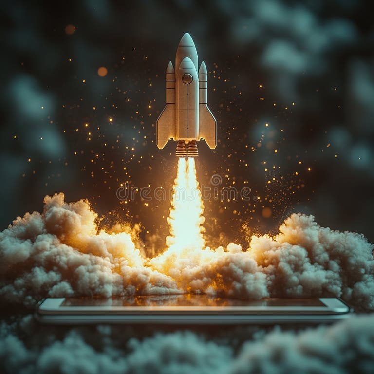Rocket Launch from Tablet, Dark Background, Smoke, Sparks Stock ...
