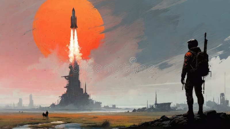 Rocket Launch Take Off from an Abandoned City, Sci-fi Concept Stock ...