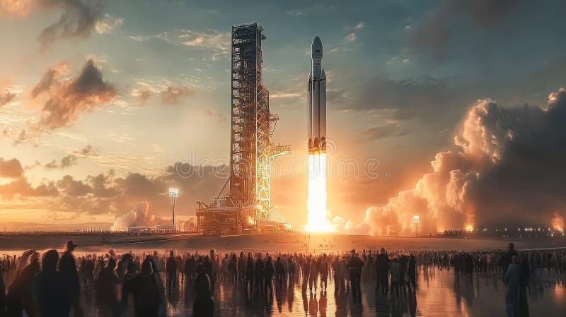 Rocket Launch is Taking Place with a Large Crowd of People Watching ...