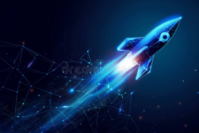 Rocket Launch Technology Mesh Line on Blue Background Stock ...