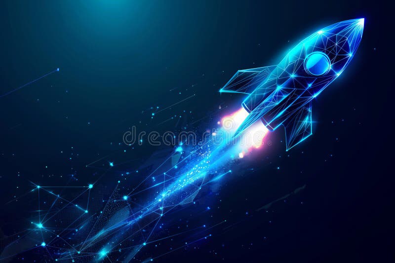 Rocket Launch Technology Mesh Line on Blue Background Stock ...