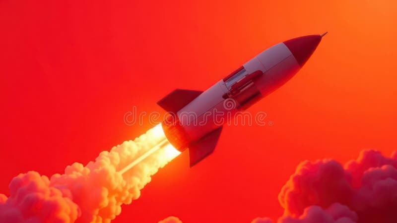 Rocket Launch Trailblazing through Vibrant Red Sky at Sunset Stock ...