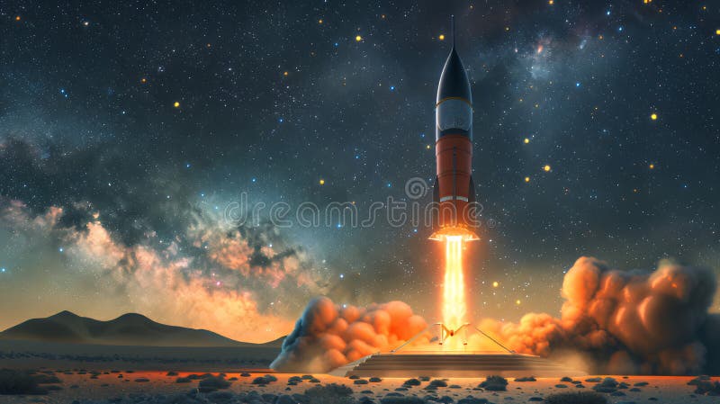 Rocket Launch Under Starry Night Sky Stock Illustration - Illustration ...