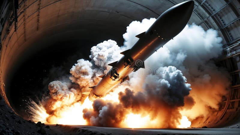 Rocket Launch in Underground Tunnel with Explosive Fire and Smoke Stock ...