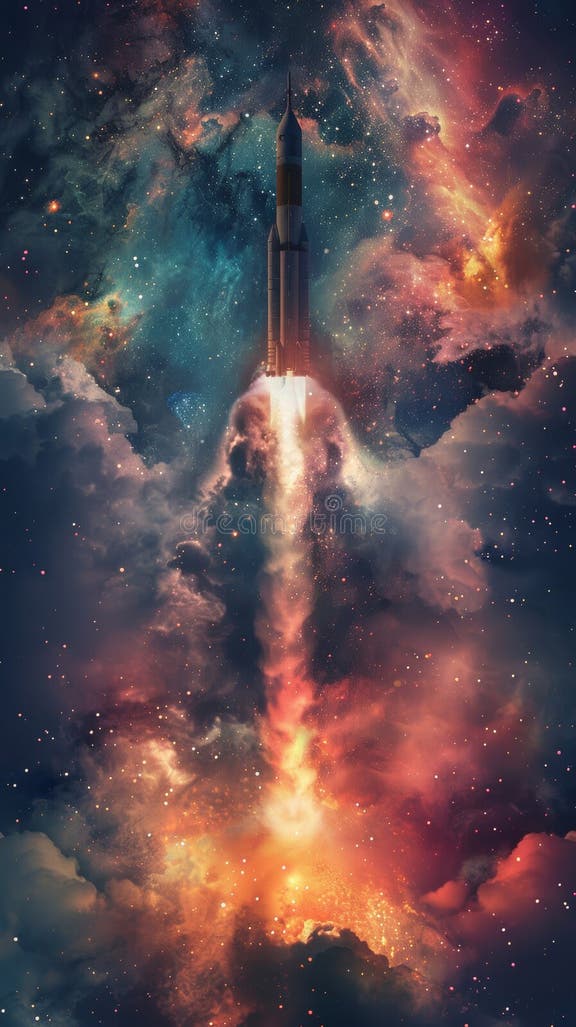 Rocket Launch into a Vibrant Cosmic Nebula Stock Image - Image of orbit ...