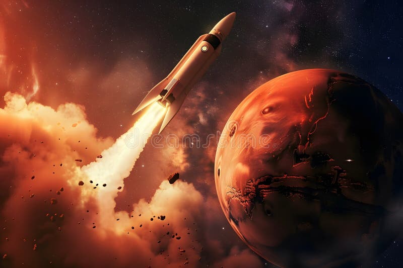 Rocket Launch on Vibrant Red Planet Mars in Starry Sky Stock ...