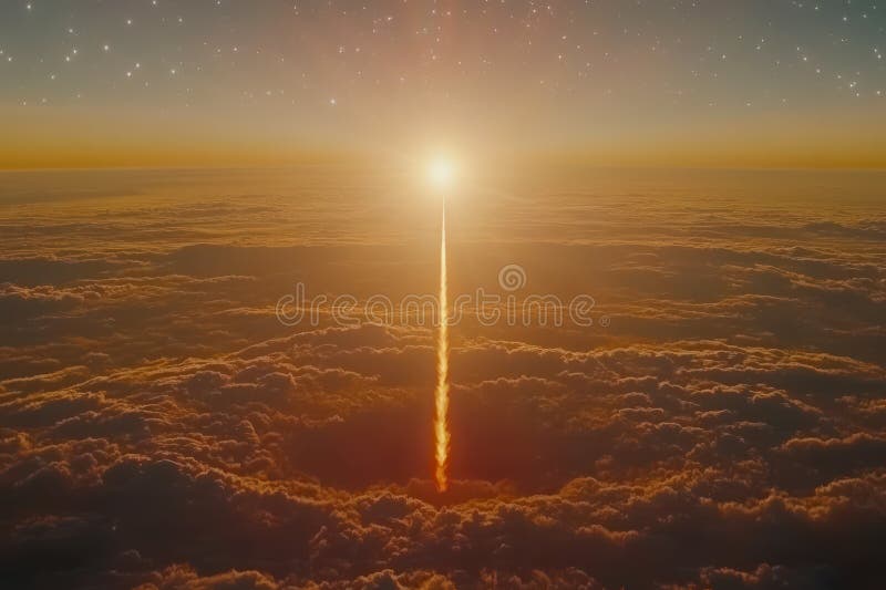 Rocket Launch through Vibrant Sunset and Clouds into Space Stock Photo ...