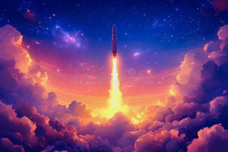 Rocket Launch through Vibrant Sunset and Clouds into Space Stock Photo ...