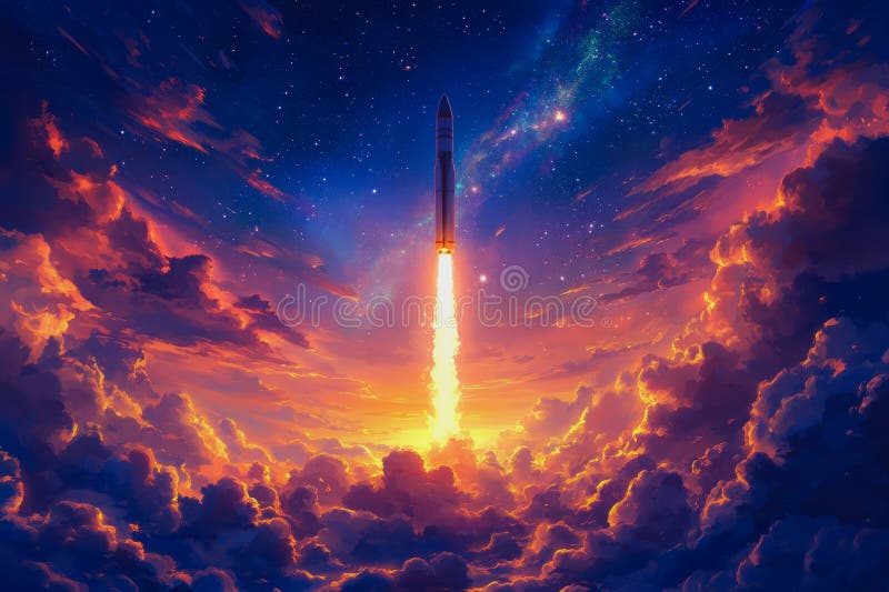 Rocket Launch through Vibrant Sunset and Clouds into Space Stock Image ...