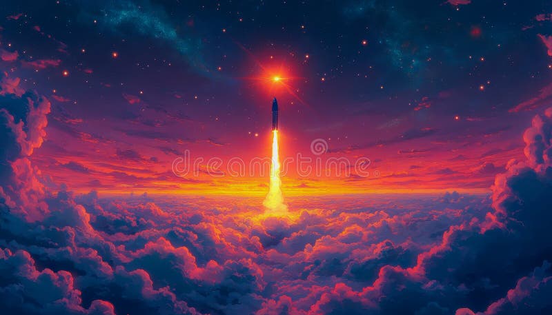 Rocket Launch through Vibrant Sunset and Clouds into Space Stock Image ...