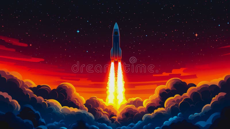 Rocket Launch through Vibrant Sunset and Clouds into Space Stock Photo ...