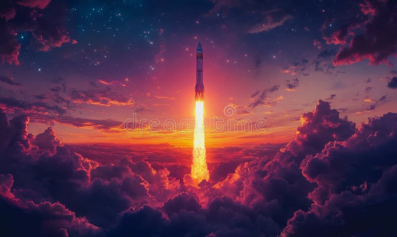 Rocket Launch through Vibrant Sunset and Clouds into Space Stock Image ...