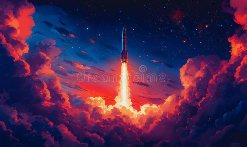 Rocket Launch through Vibrant Sunset and Clouds into Space Stock Photo ...