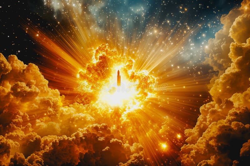 Rocket Launch through Vibrant Sunset and Clouds into Space Stock Photo ...