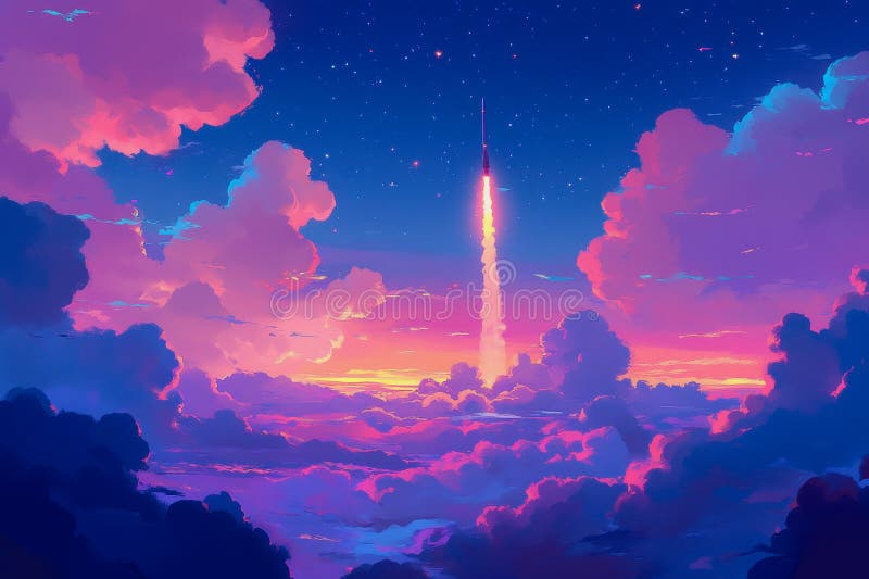 Rocket Launch through Vibrant Sunset and Clouds into Space Stock Photo ...