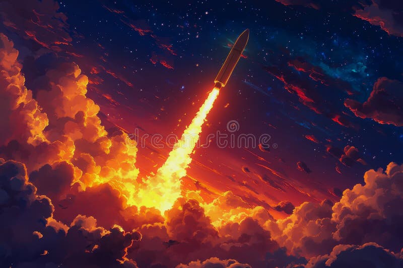 Rocket Launch through Vibrant Sunset and Clouds into Space Stock Image - Image of clouds, trails ...