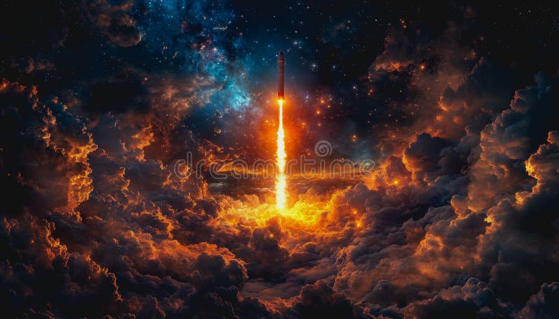 Rocket Launch through Vibrant Sunset and Clouds into Space Stock Photo ...