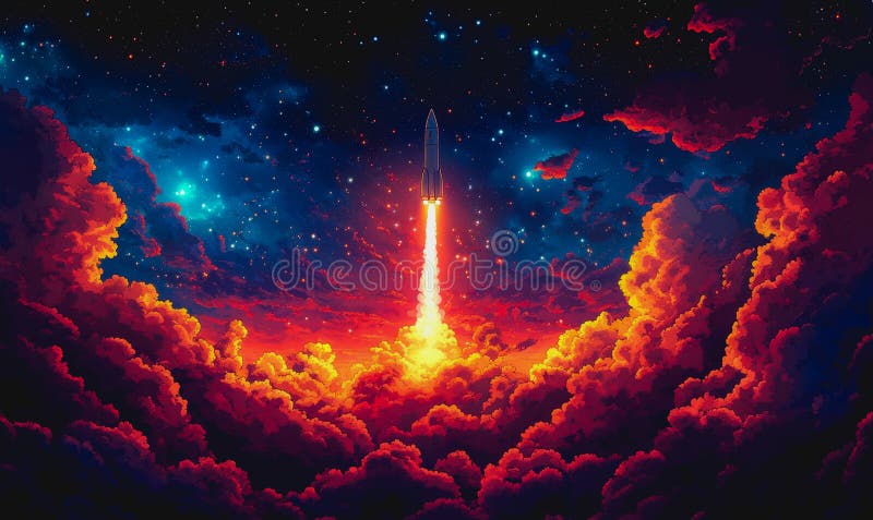 Rocket Launch through Vibrant Sunset and Clouds into Space Stock Image ...