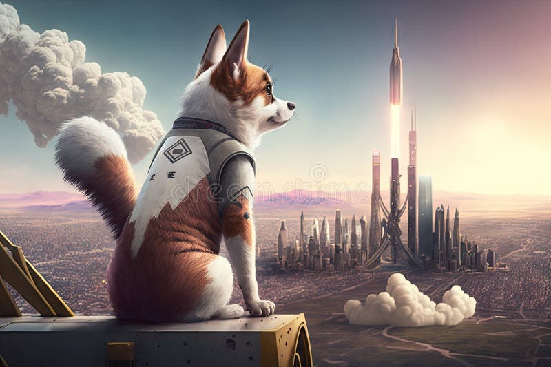 Rocket Launch, with View of City in the Background, and Cute Animal ...