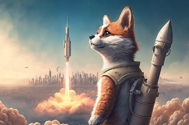 Rocket Launch, with View of the Futuristic City Skyline in the ...