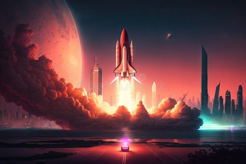 Rocket Launch, with View of City in the Background and the Red Light of ...