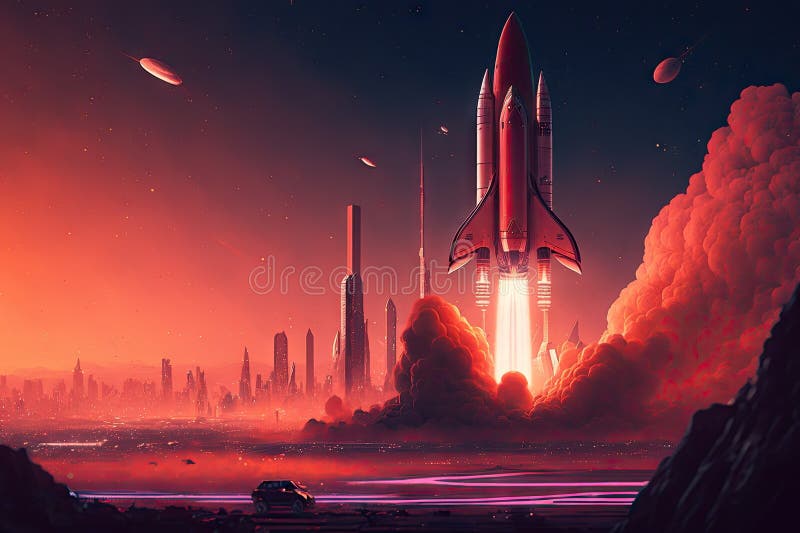 Rocket Launch, with View of City in the Background and the Red Light of ...