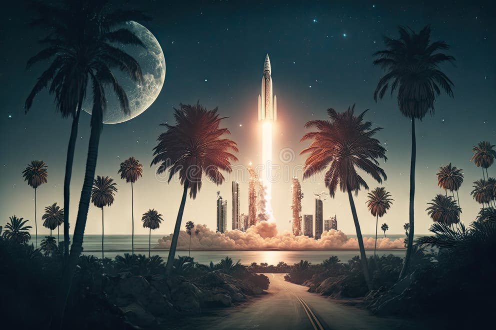 Rocket Launch, with View of City Skyline and Palm Trees in the ...