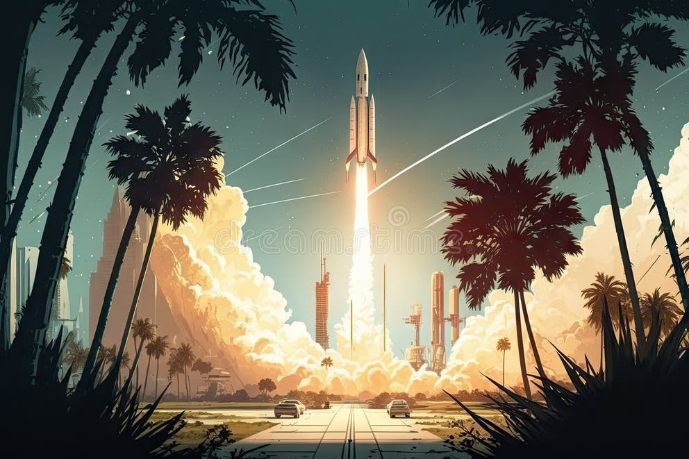 Rocket Launch, with View of City Skyline and Palm Trees in the ...