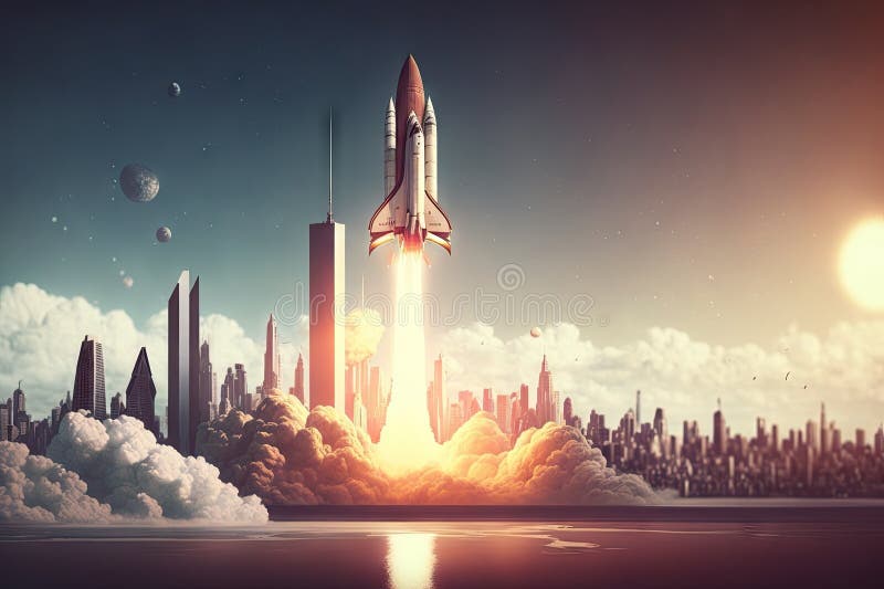 Rocket Launch with View of City Skyline, with the Rocket Climbing into ...