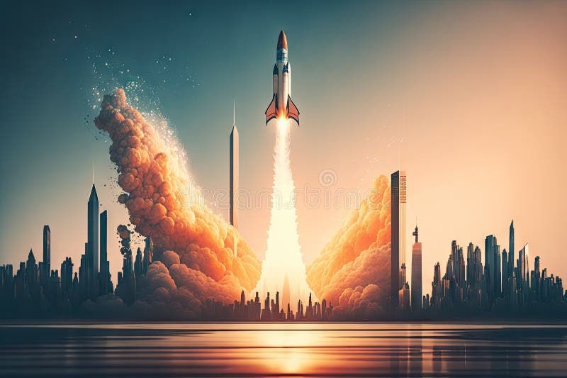 Rocket Launch with View of City Skyline, with the Rocket Climbing into ...