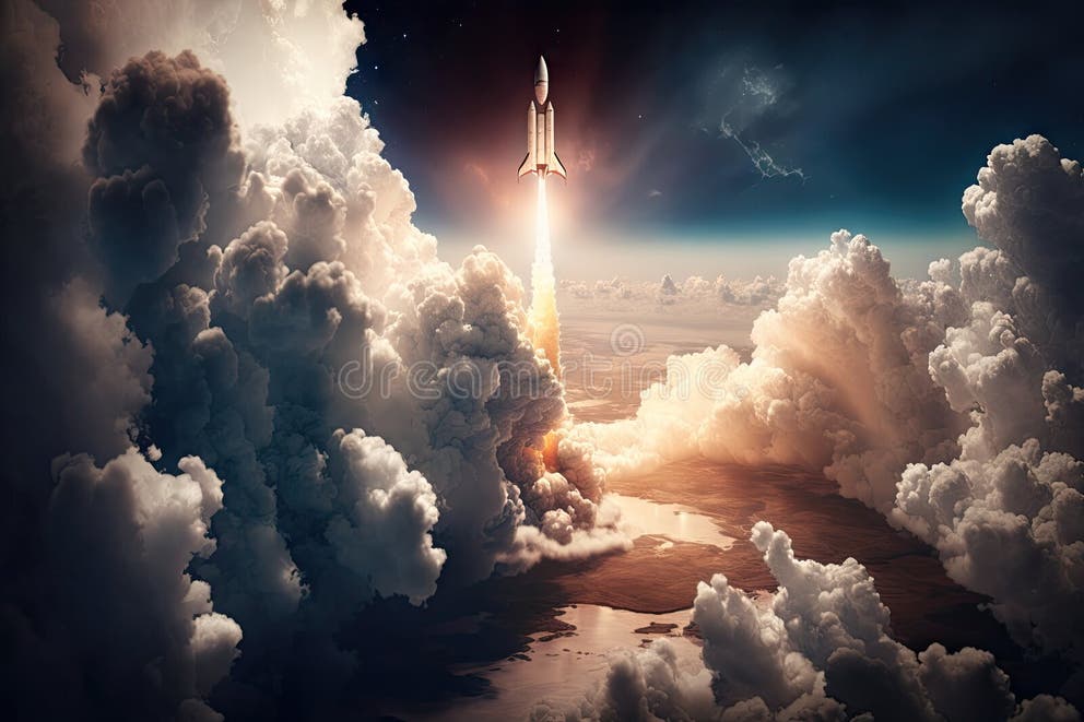 Rocket Launch, with View of the Earth and Atmosphere Visible through ...