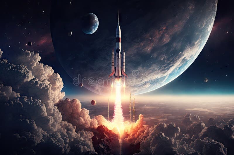 Rocket Launch, with View of the Earth Below, and Celestial Bodies in ...