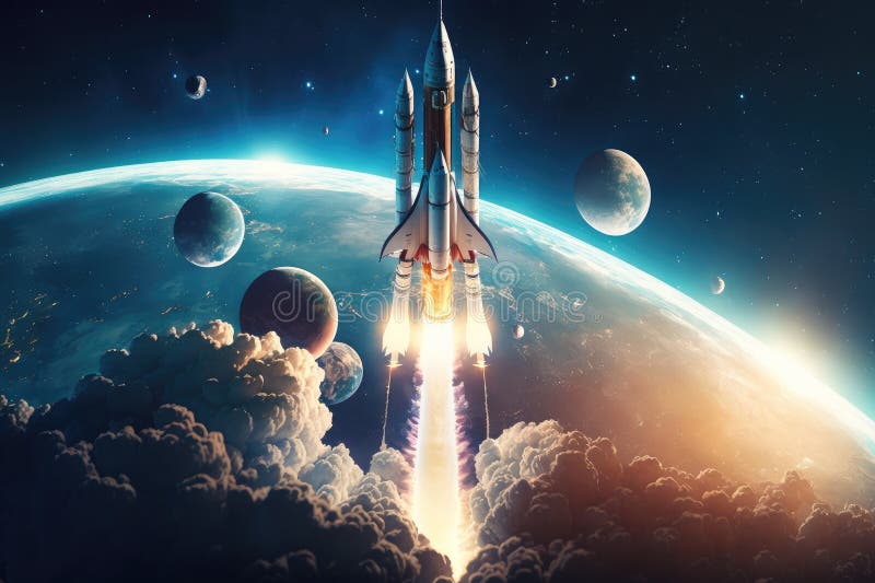 Rocket Launch, with View of the Earth Below, and Celestial Bodies in ...