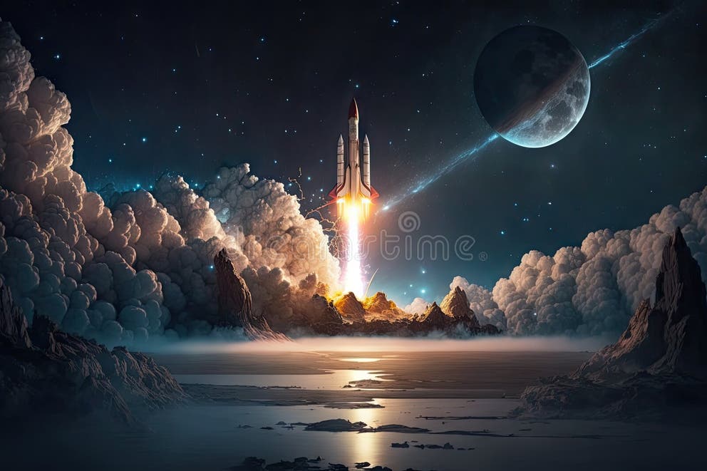 Rocket Launch, with View of the Earth and the Stars in the Background ...