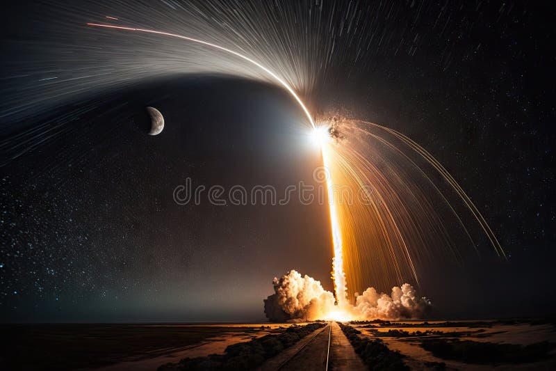 Rocket Launch, with View of the Earth Visible from Space, and Streaks ...