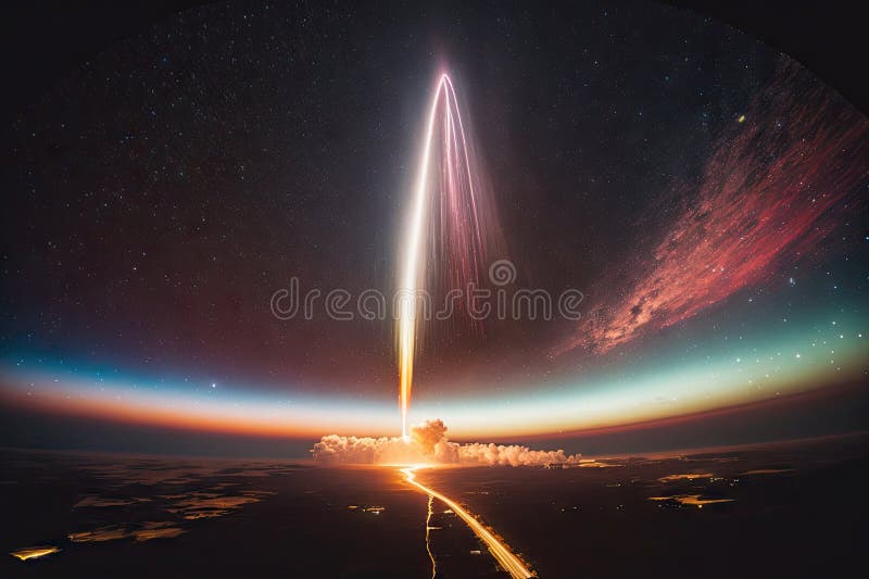 Rocket Launch, with View of the Earth Visible from Space, and Streaks ...