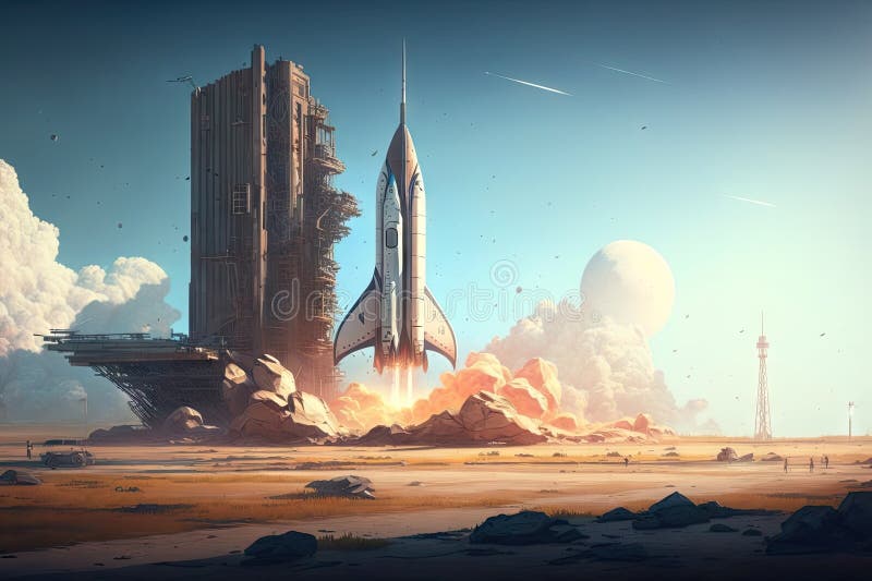 Rocket Launch, with View of the Launchpad and Surrounding Buildings in ...