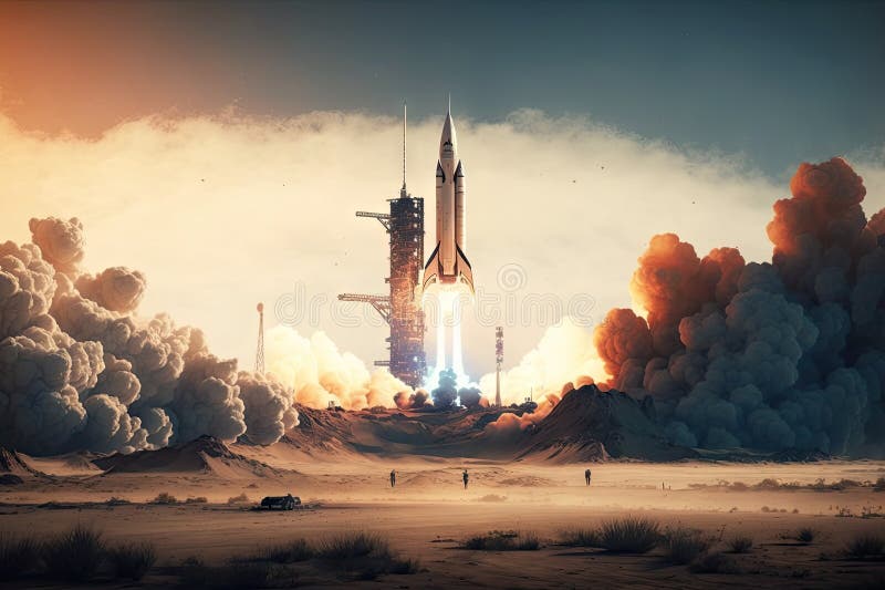 Rocket Launch, with View of the Launchpad and Surrounding Buildings in ...