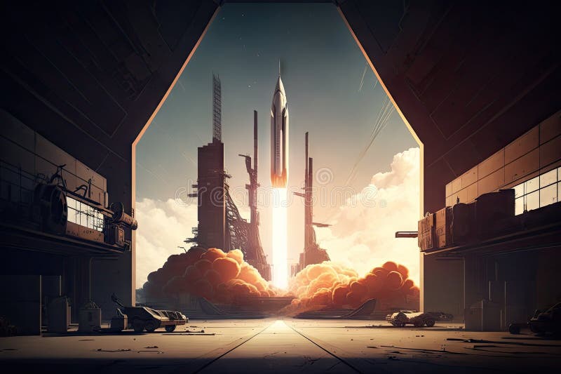 Rocket Launch, with View of the Launchpad and Surrounding Buildings in ...