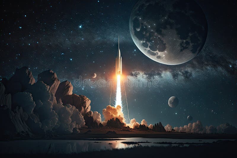 Rocket Launch with View of the Moon, Against a Starry Night Sky Stock ...
