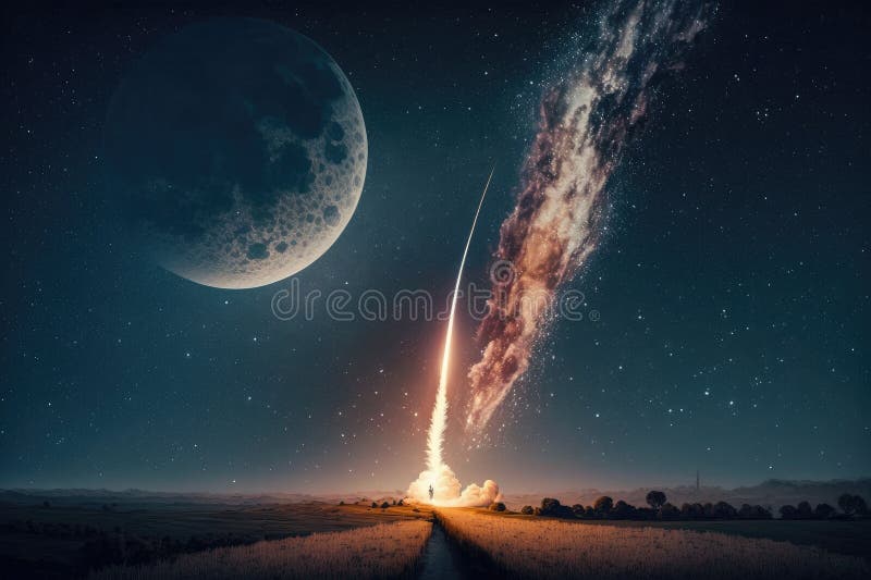 Rocket Launch with View of the Moon, Against a Starry Night Sky Stock ...