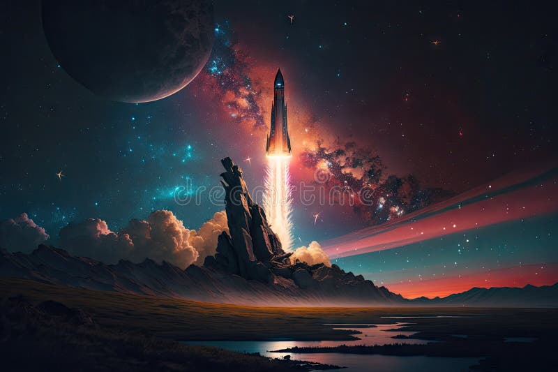 Rocket Launch, with View of the Night Sky and Stars Stock Illustration ...