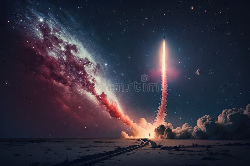 Rocket Launch, with View of the Night Sky and Stars Stock Illustration ...