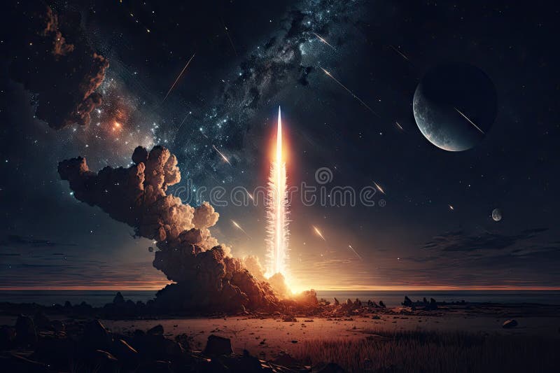 Rocket Launch, with View of the Night Sky and Stars Shining Stock ...