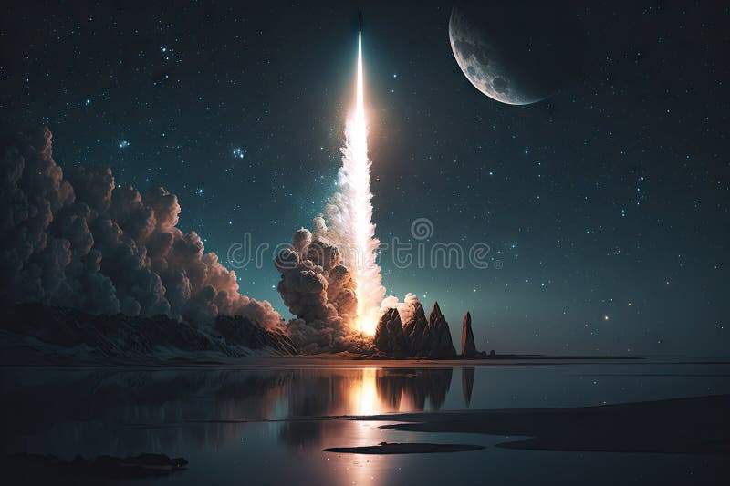 Rocket Launch, with View of the Night Sky and Stars Shining Stock ...