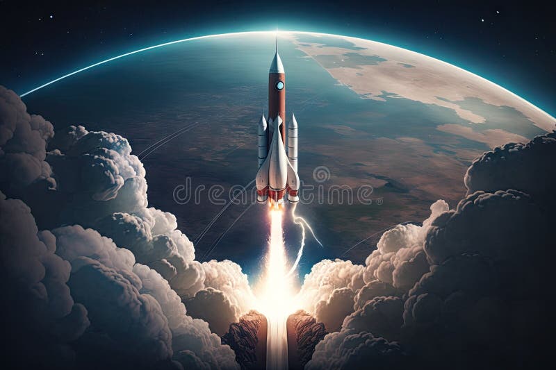 Rocket Launch, with View of Planet Earth and the Sky Above Stock ...