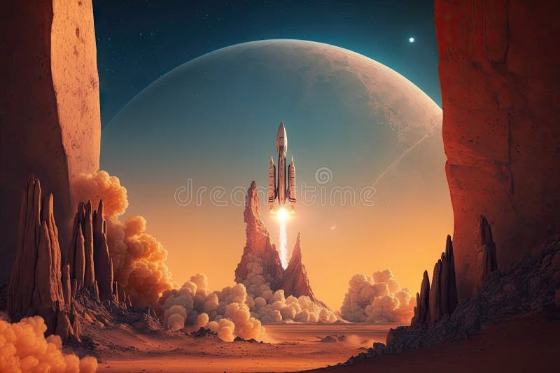 Rocket Launch, with View of the Rocket Rising Above the Surface of an ...